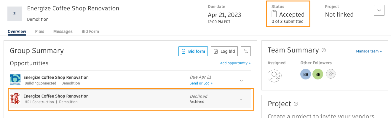 How to change the status of opportunity groups – BuildingConnected (us)