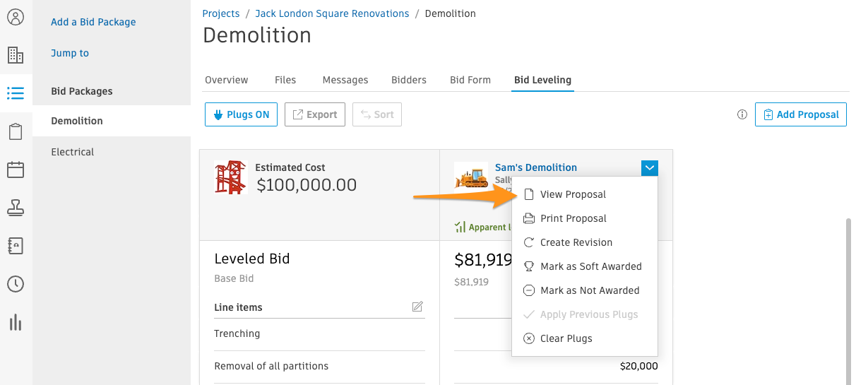 How to view and print proposals from within the Bid Leveling tab ...