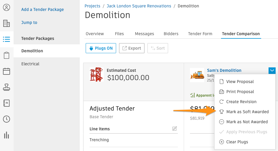 How to soft award a tender in the Tender Comparison tab ...