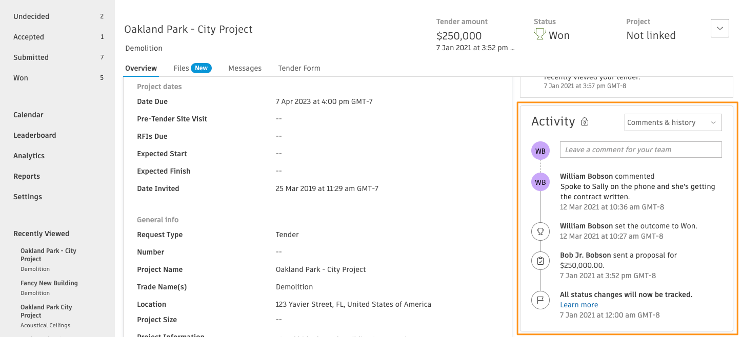 How to use the Activity log – BuildingConnected (uk)
