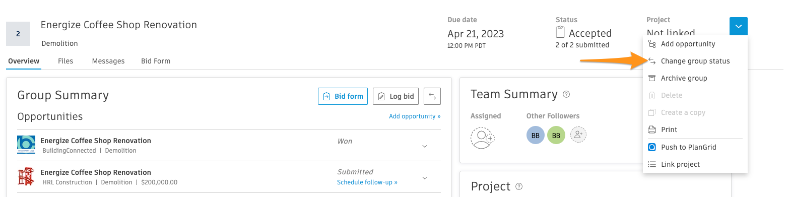 How to change the status of opportunity groups – BuildingConnected (us)
