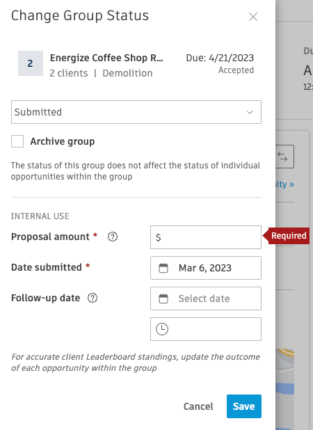 How to change the status of opportunity groups – BuildingConnected (us)