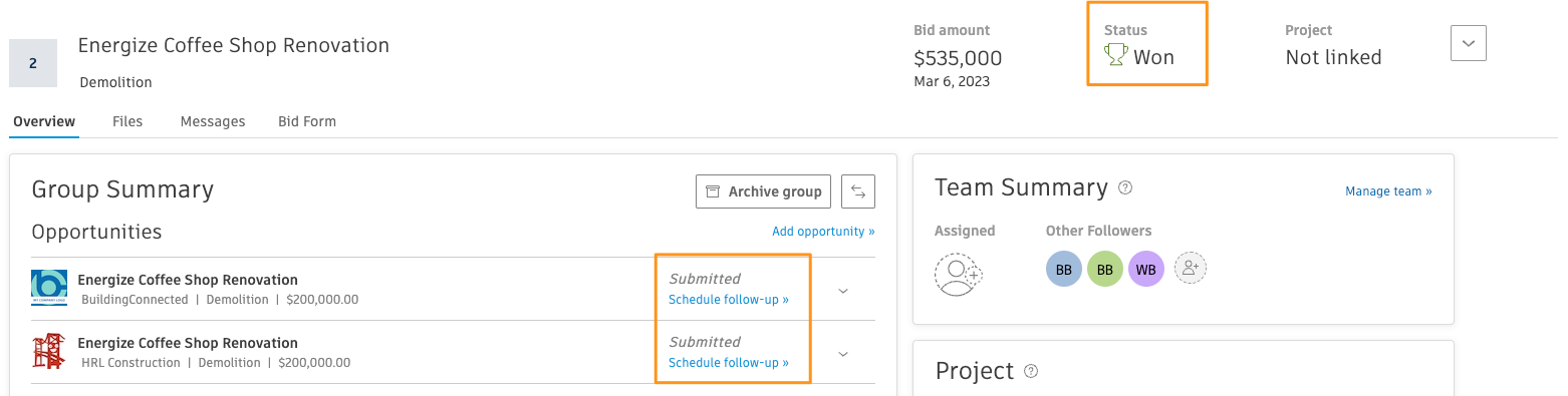 How to change the status of opportunity groups – BuildingConnected (us)