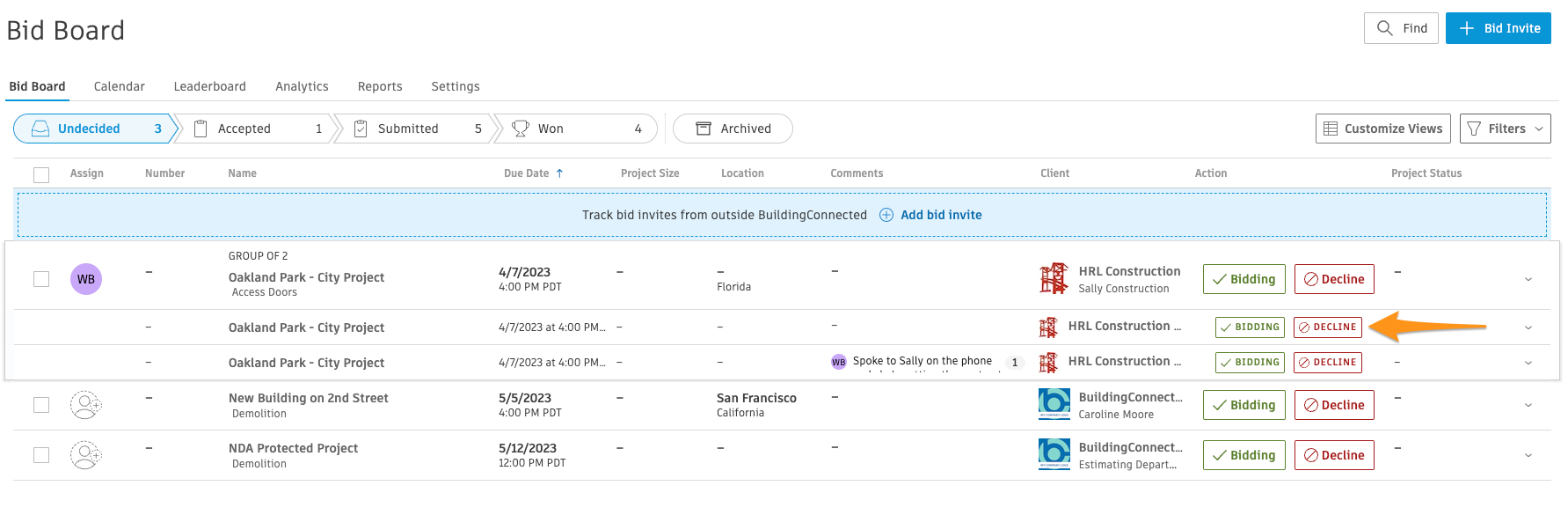 How to change the status of opportunity groups – BuildingConnected (us)