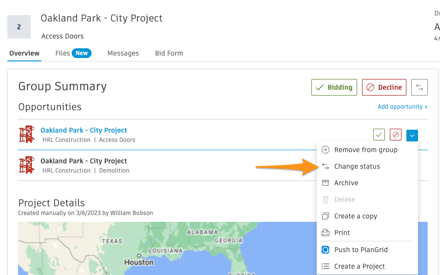 How to change the status of opportunity groups – BuildingConnected (us)