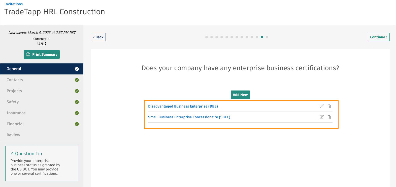 Filling out enterprise business certifications on prequalifications ...