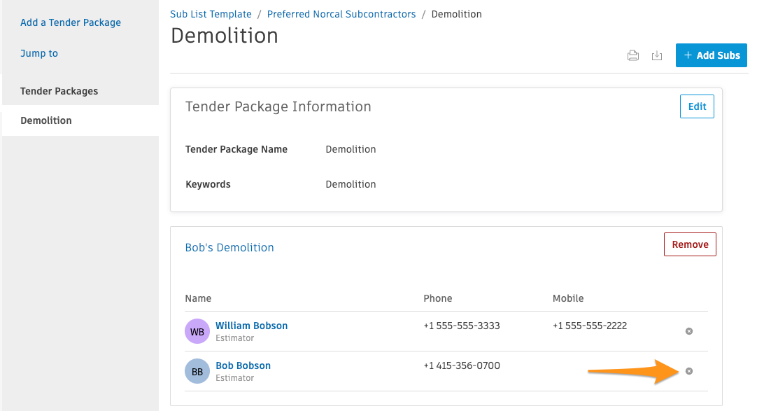 How to remove subcontractors from sub list templates ...