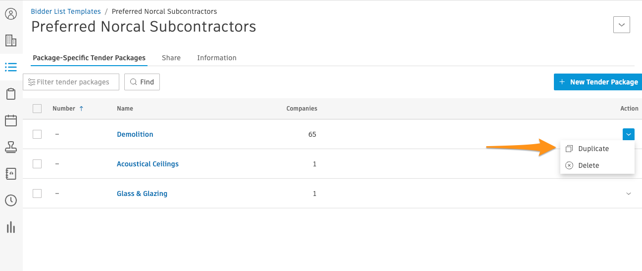 How to add, duplicate, and delete tender packages on bidder list ...