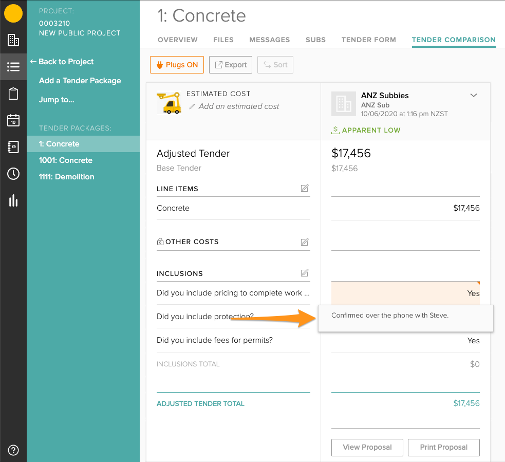 How to add a proposal from within the Tender Comparison tab ...