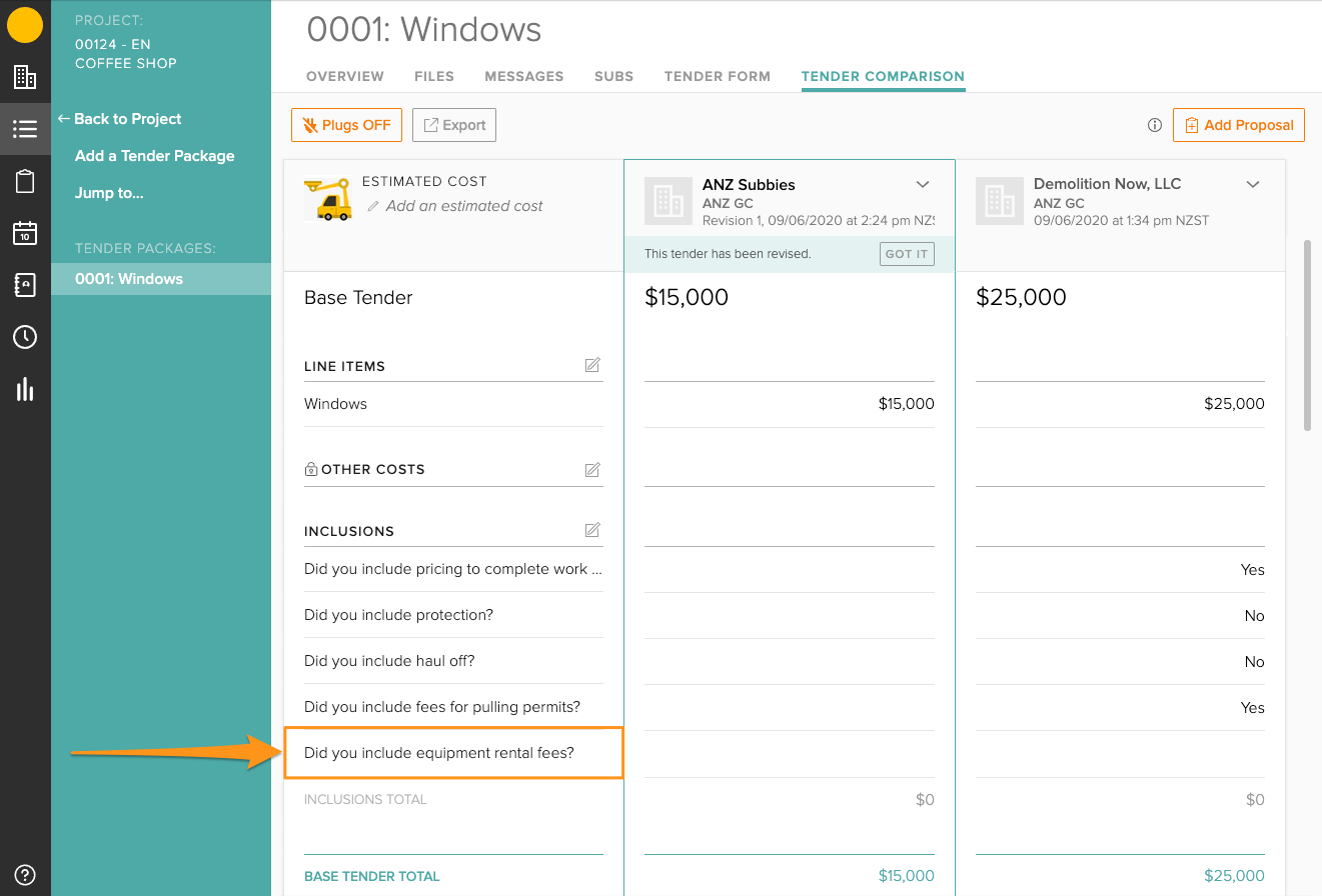 How to manage “inclusions” from the Tender Comparison tab ...