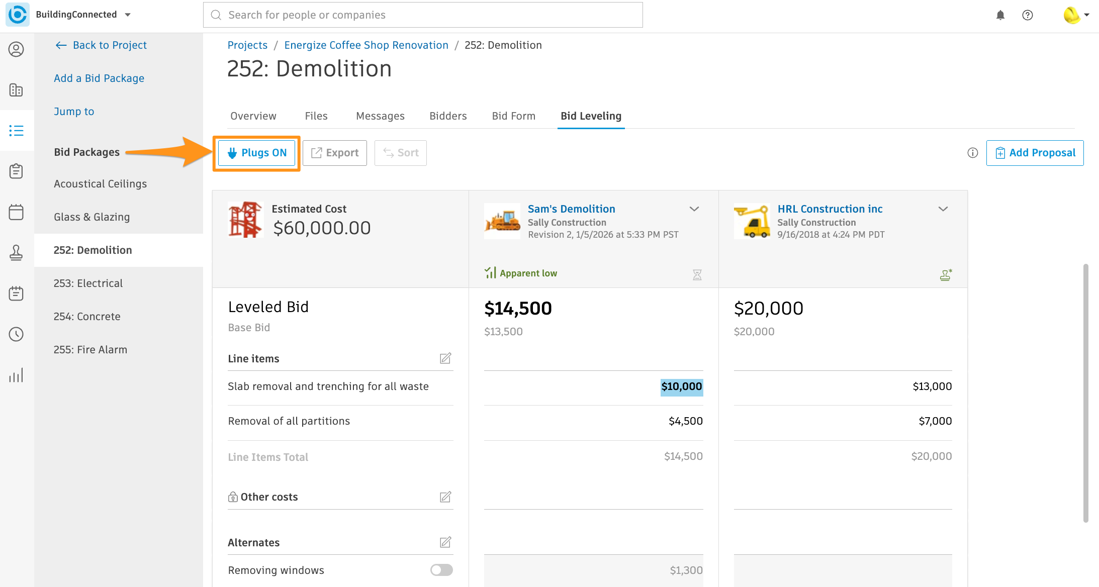 How to turn Bid Leveling plugs on and off – BuildingConnected (us)